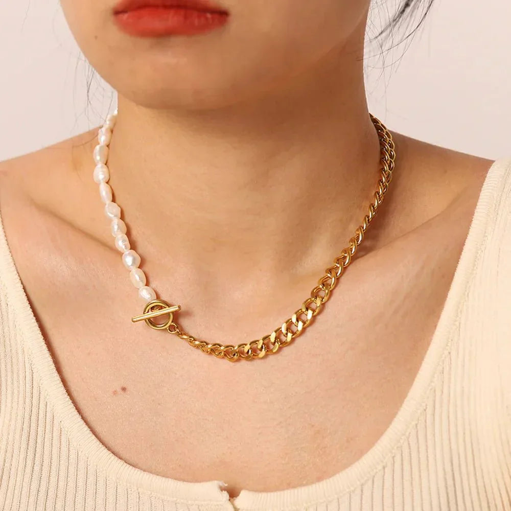 18k Gold Pearl Necklace with Classic Cuban Style – Luxicro
